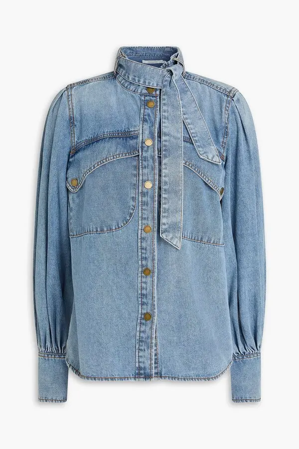 Zimmermann Faded Denim Shirt With Neckties And Puff Sleeves - Mid Denim