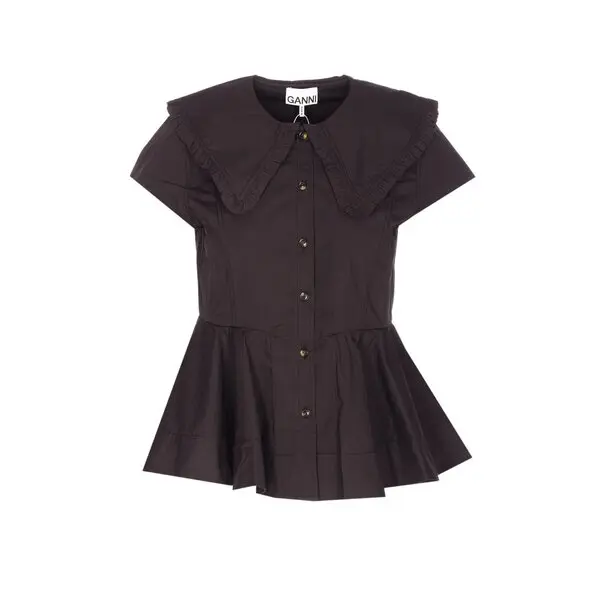 GANNI Short-sleeve Button-up Shirt With Rouche Collar - Black
