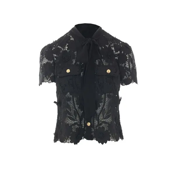 SELF-PORTRAIT Lace Tie Neck Short Sleeve Top - Black