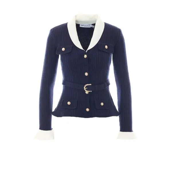 SELF-PORTRAIT Ribbed Knit Cardigan With Jewel Buttons And Belt - Blue