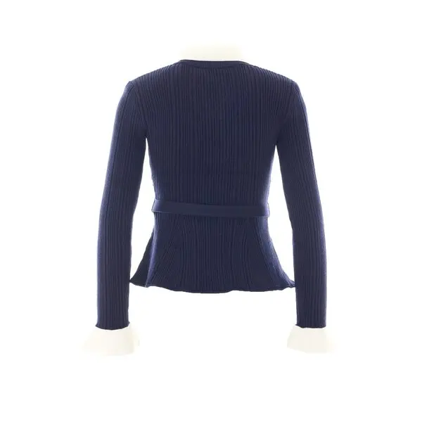 SELF-PORTRAIT Ribbed Knit Cardigan With Jewel Buttons And Belt - Blue