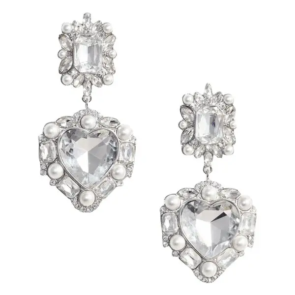 SELF-PORTRAIT Crystal Pearl Heart Earrings - Silver