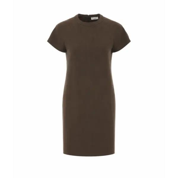 Brunello Cucinelli Viscose And Linen Fluid Twill Dress With Crystal Embellishment - Brown