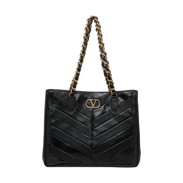 Valentino Garavani Calf Leather Shopping Bag With Chevron Print - Black