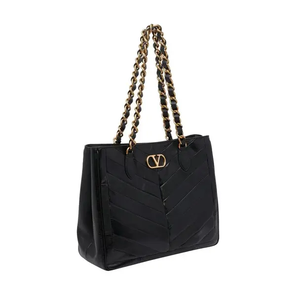 Valentino Garavani Calf Leather Shopping Bag With Chevron Print - Black