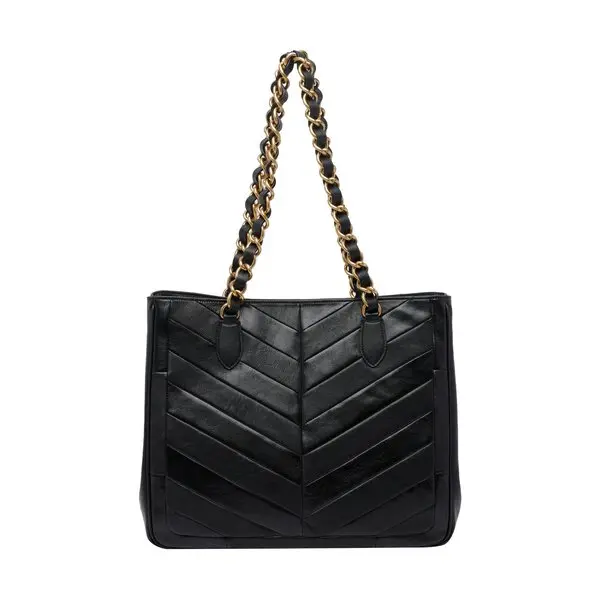 Valentino Garavani Calf Leather Shopping Bag With Chevron Print - Black