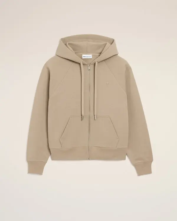 Ami Beige Cotton Embossed De Coeur Zipped Hoodie - Taupe Beige