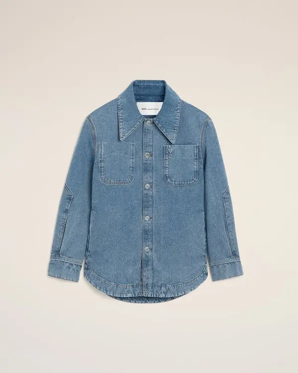 Ami Indigo Denim Worker Overshirt With De Coeur Logo - Blue