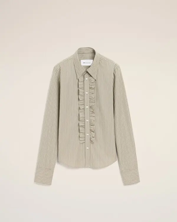 Ami Long Sleeve Ruffled Shirt - Taupe Beige/white