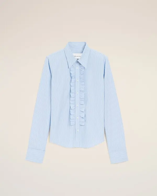 Ami Blue Cotton Long Sleeve Ruffled Shirt - Cashmere Blue/ White