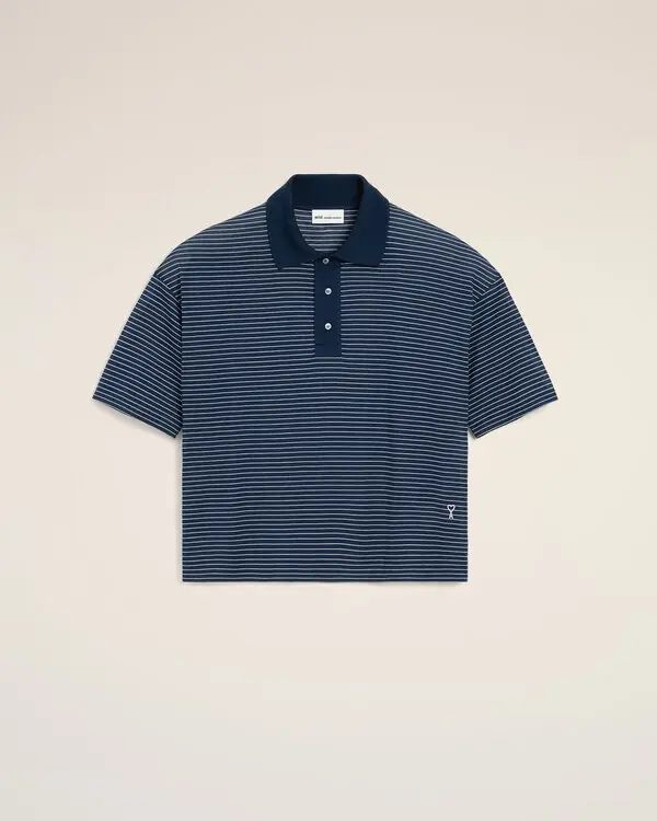 Ami Striped Mercerised Jersey Polo Shirt - Ink/white