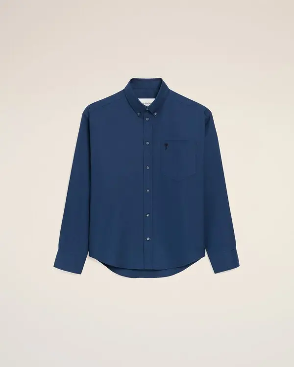 AMI Paris Blue Cotton Boxy Embroidered De Coeur Shirt Blue - Ink