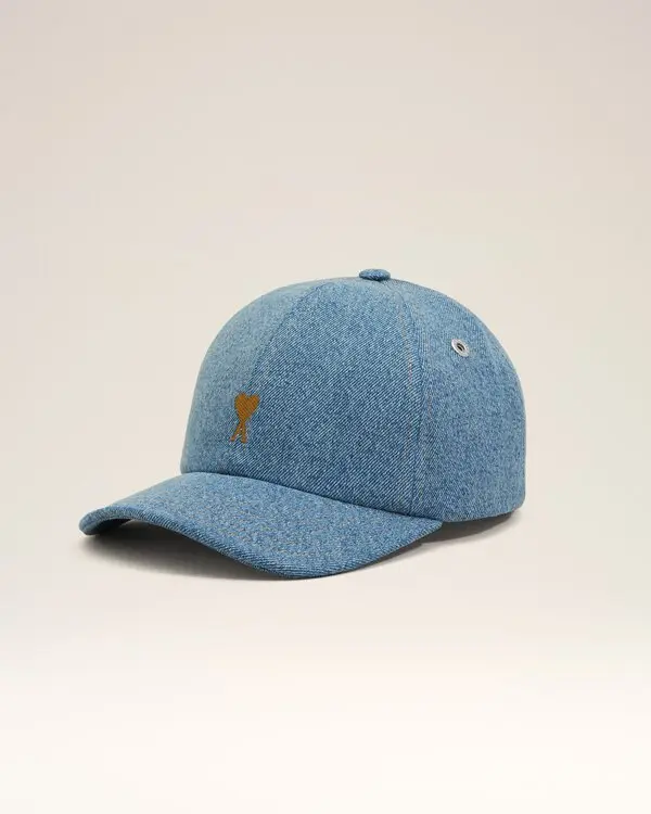 AMI Paris Denim Cotton Cap With De Coeur Embroidery - Blue