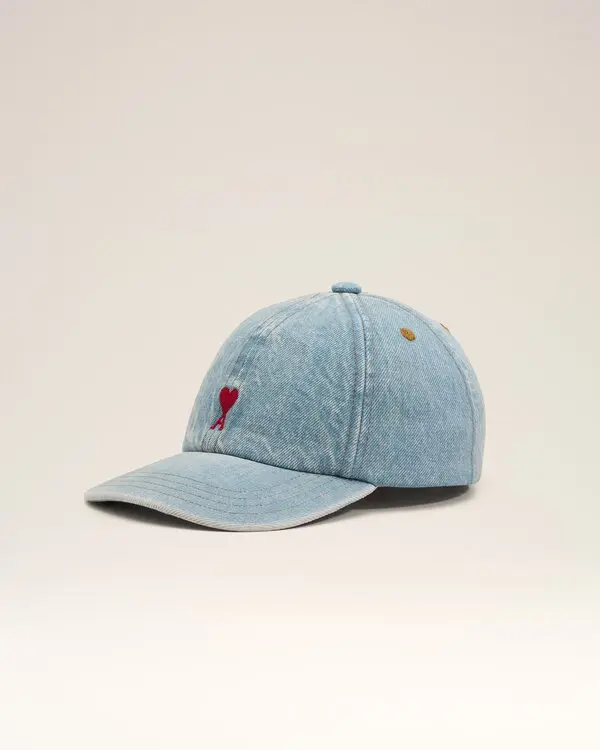 AMI Paris Denim Cotton Cap With De Coeur Embroidery - Blue