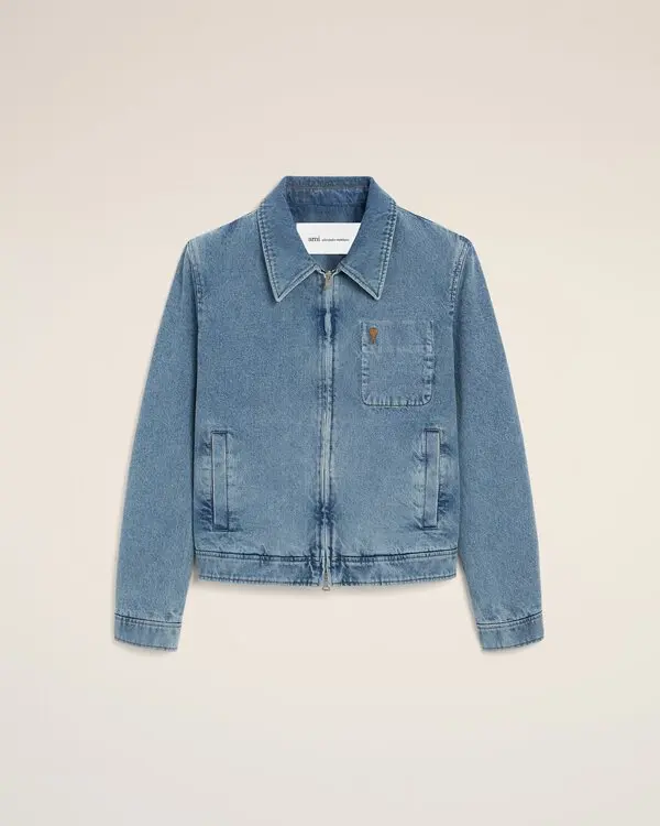 AMI Paris Cotton Contrasted Zipped Jacket With De Coeur - Blue