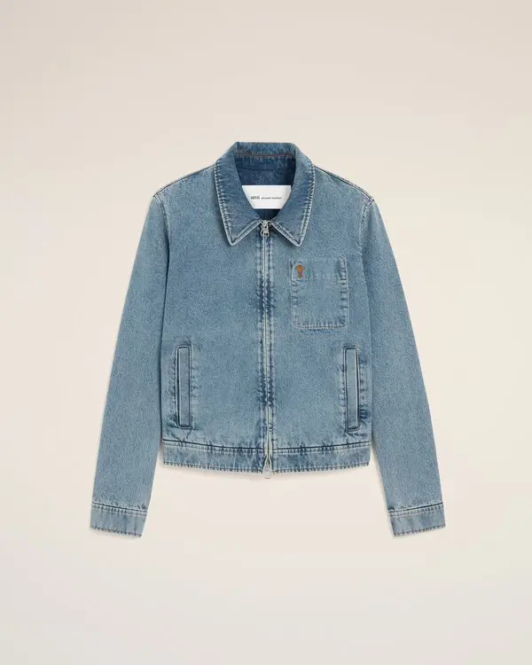 AMI Paris Cotton Contrasted Zipped Jacket With De Coeur - Blue