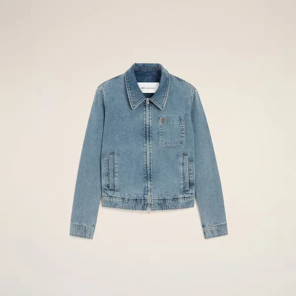AMI Paris Cotton Contrasted Zipped Jacket With De Coeur - Blue