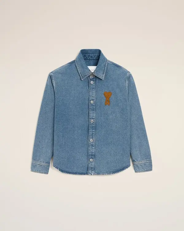 AMI Paris Indigo Denim Overshirt With De Coeur Patch - Blue