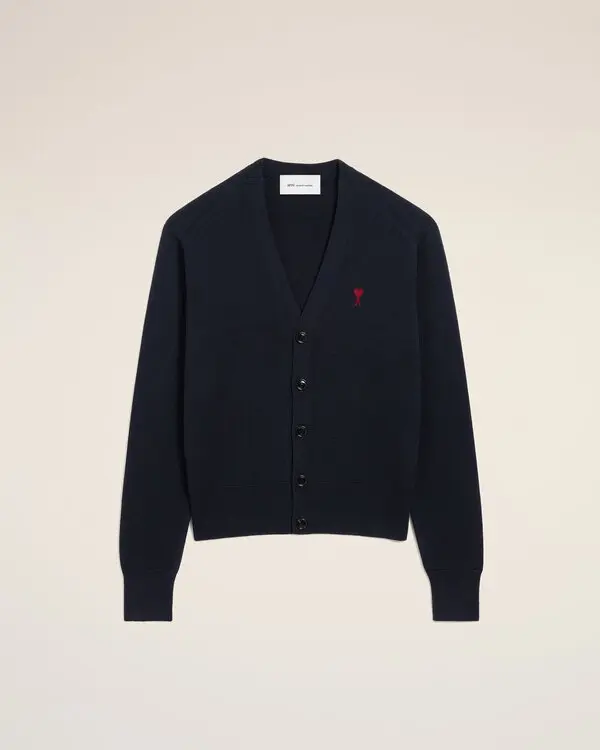 AMI Paris V-neck Wool Cardigan With De Coeur Embroidery - Navy/red