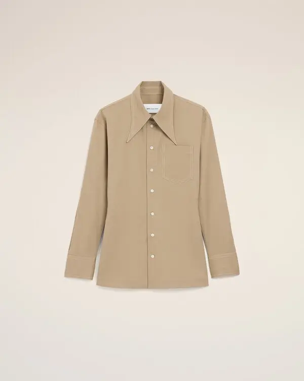 Ami Beige Cotton Sharp Collar Fitted Shirt - Taupe Beige