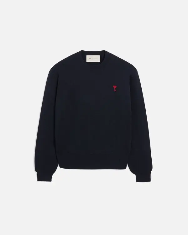 AMI Paris Blue Crewneck Wool Sweater With De Coeur Blue - Navy/red