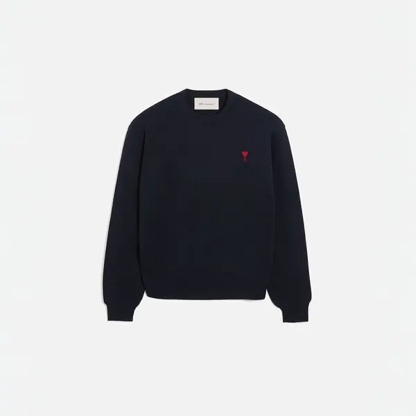 AMI Paris Blue Crewneck Wool Sweater With De Coeur Blue - Navy/red