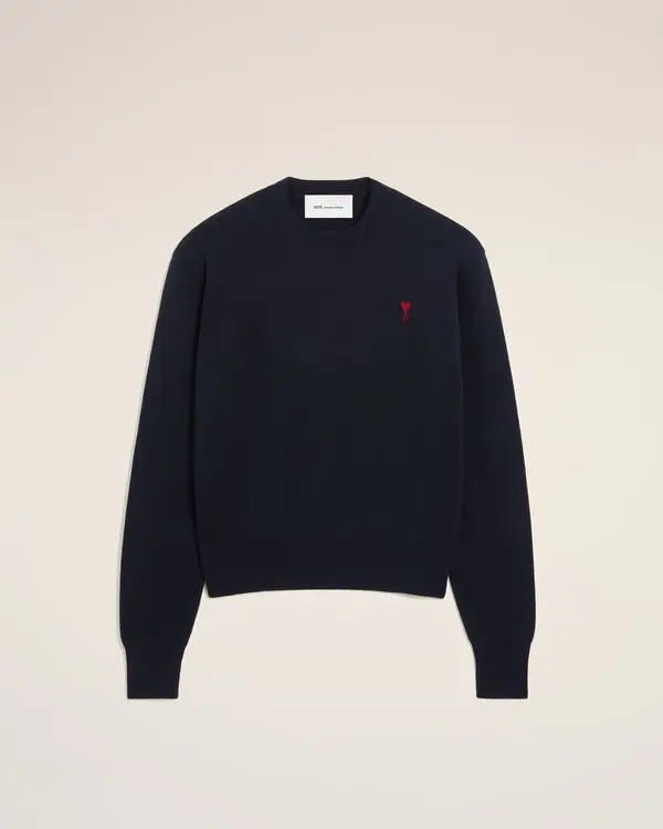 AMI Paris Crewneck Wool Sweater With De Coeur Embroidery - Navy/red