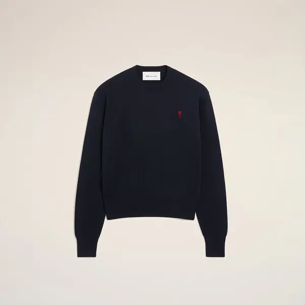 AMI Paris Crewneck Wool Sweater With De Coeur Embroidery - Navy/red