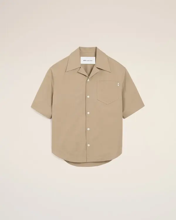 Ami Beige Cotton Short Sleeve Camp Collar Shirt - Taupe Beige