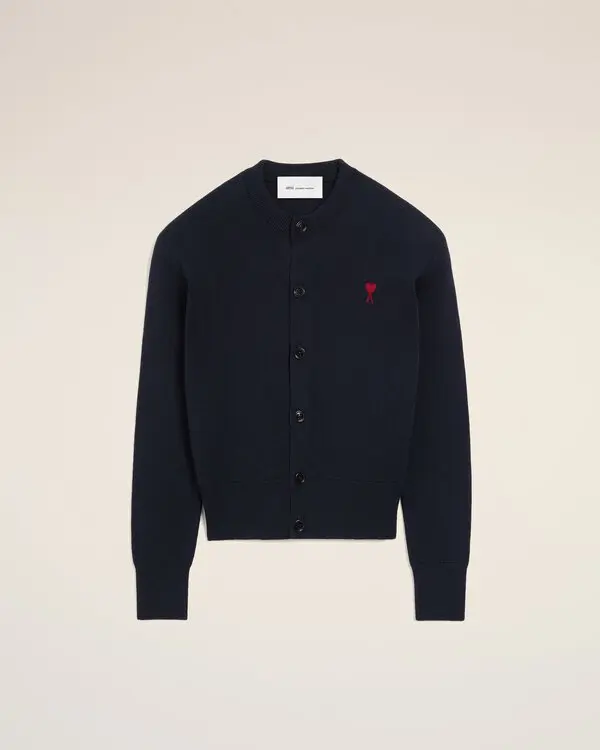 AMI Paris Crewneck Wool Cardigan With De Coeur Embroidery - Navy/red
