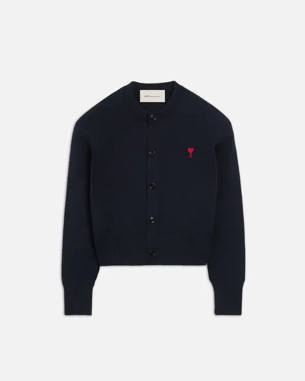 AMI Paris Crewneck Wool Cardigan With De Coeur Embroidery - Navy/red