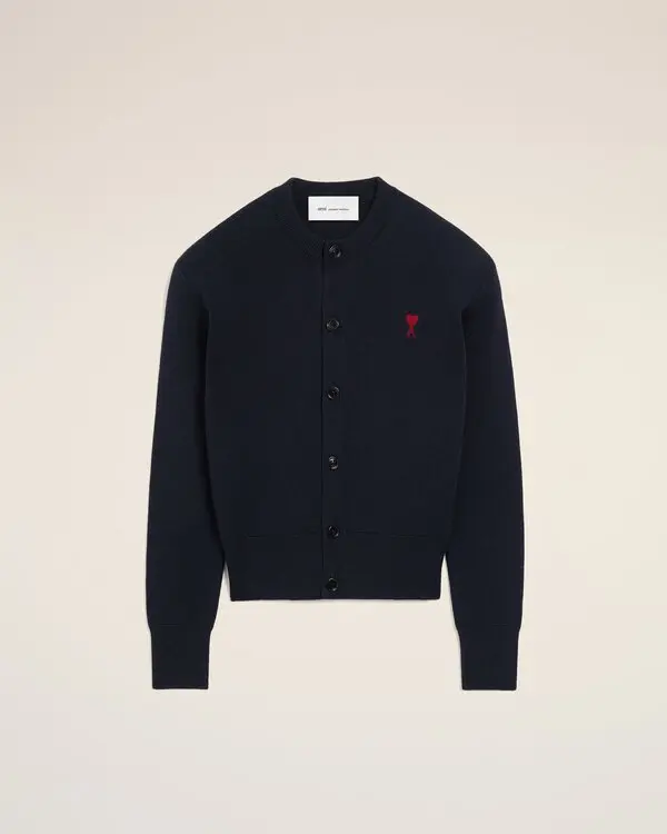 AMI Paris Crewneck Wool Cardigan With De Coeur Embroidery - Navy/red