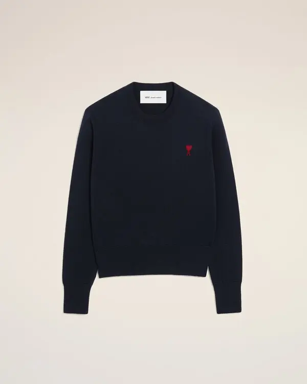 AMI Paris Blue Wool Crewneck Sweater With De Coeur Embroidery - Navy/red