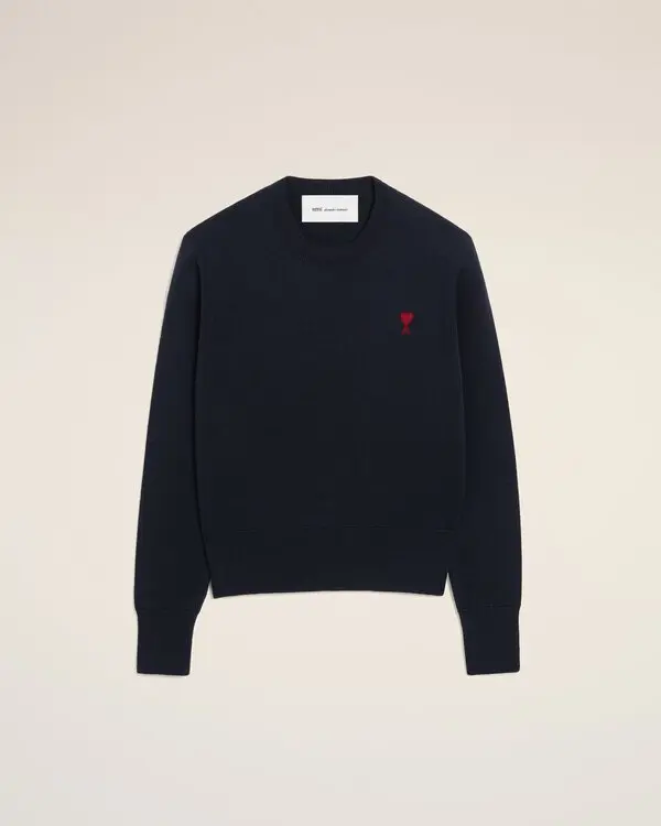AMI Paris Crewneck Wool Sweater With De Coeur Embroidery - Navy/red
