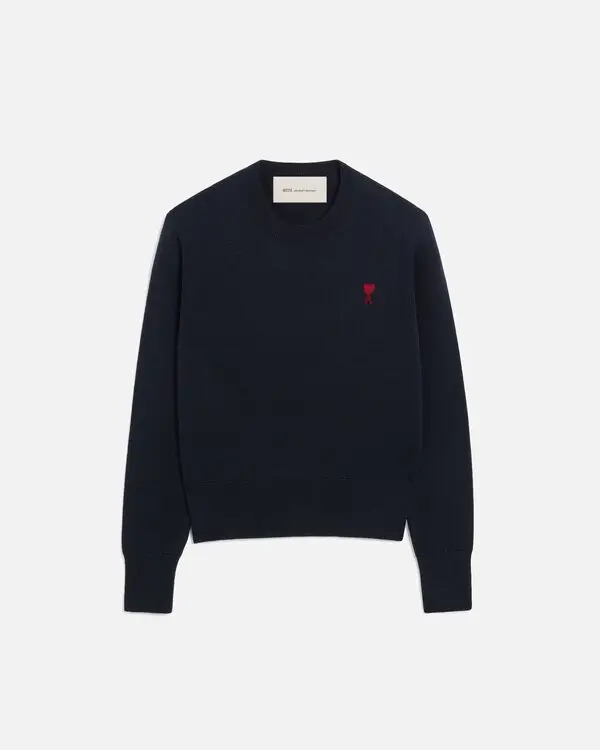 AMI Paris Crewneck Wool Sweater With De Coeur Embroidery - Navy/red