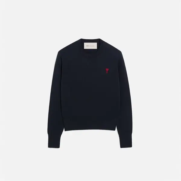 AMI Paris Crewneck Wool Sweater With De Coeur Embroidery - Navy/red