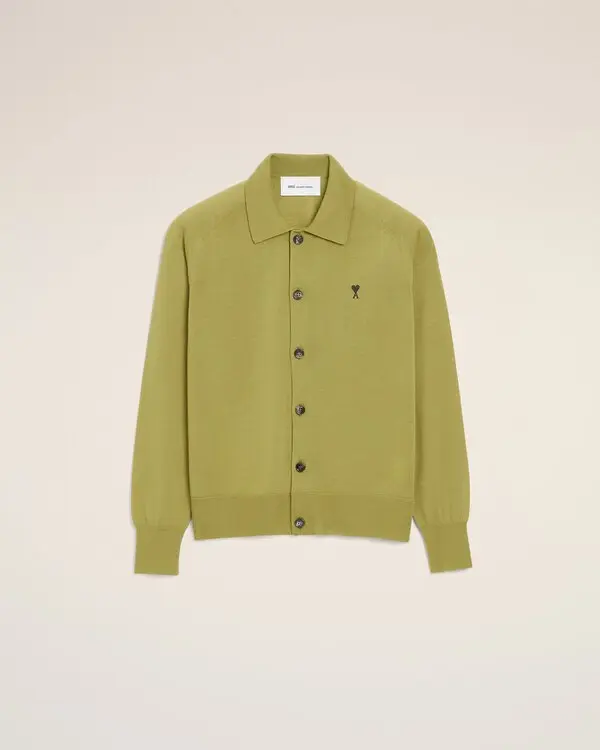 Ami Green Wool Cardigan With De Coeur Embroidery - Matcha/black