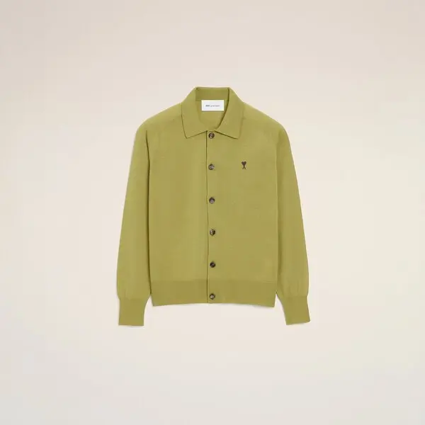 AMI Paris Green Wool Cardigan With De Coeur Embroidery - Matcha/black