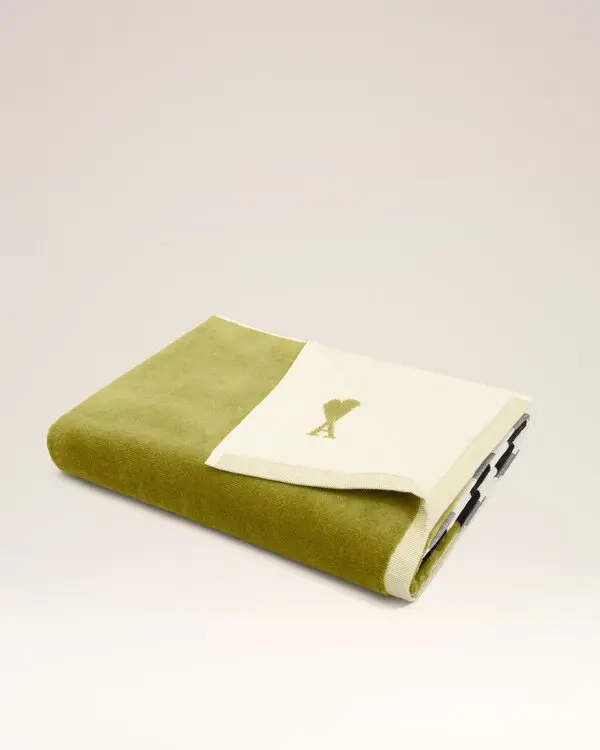AMI Paris Green Two Tones Cotton De Coeur Towel Multicolor - Matcha/black/cream