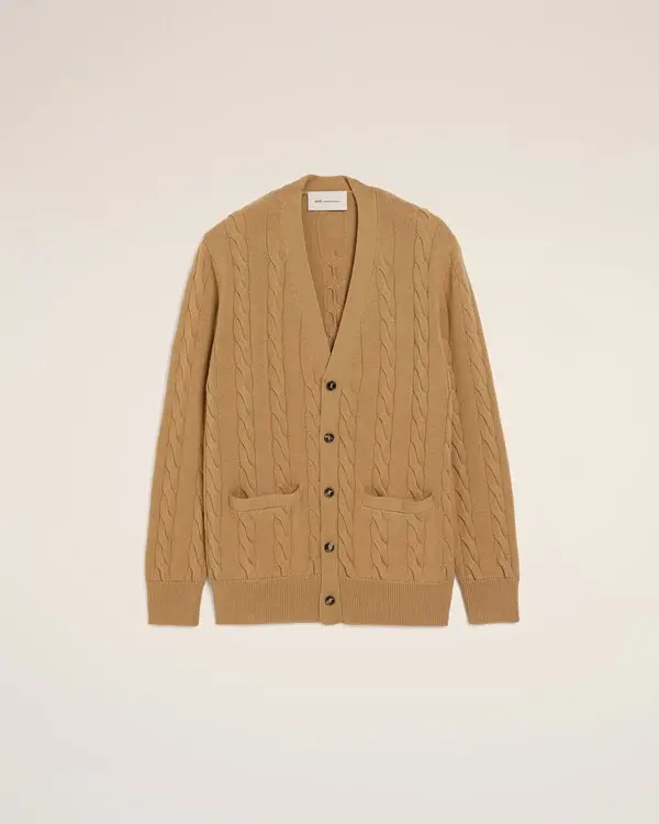 AMI Paris Brown Wool And Cotton Cable Stitch Cardigan