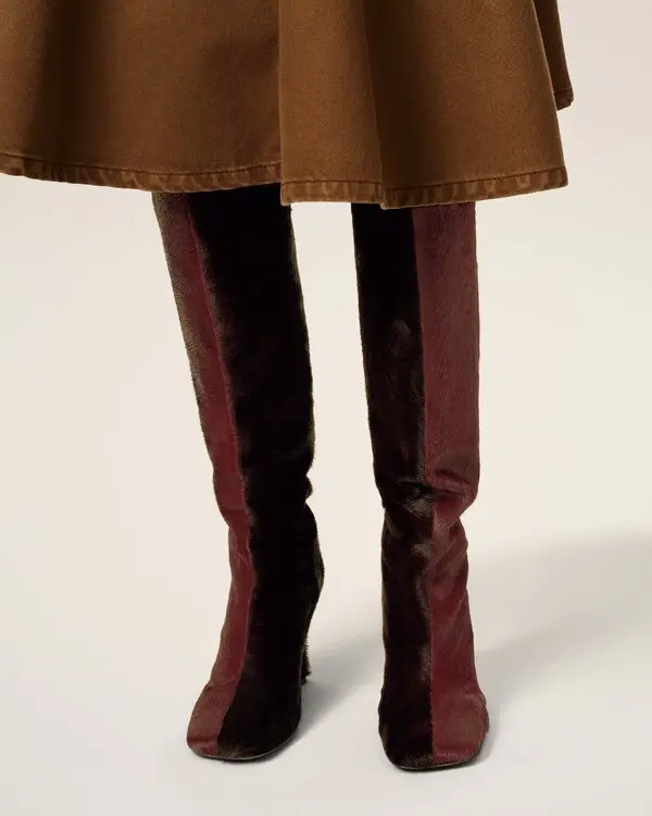 AMI Paris Burgundy Leather Bicolor Knee-high Wedge Boots