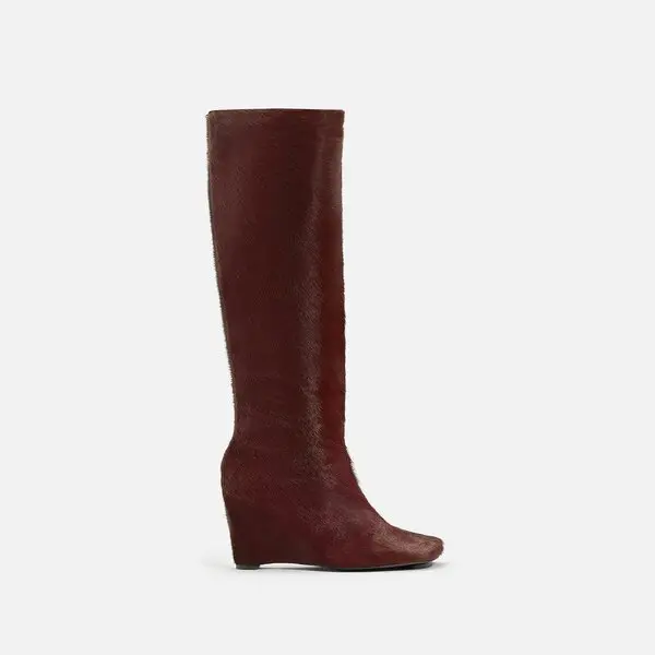 AMI Paris Burgundy Leather Bicolor Knee-high Wedge Boots