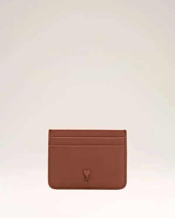 AMI Paris Brown Cowhide Leather De Coeur Card Holder Brown - Caramel