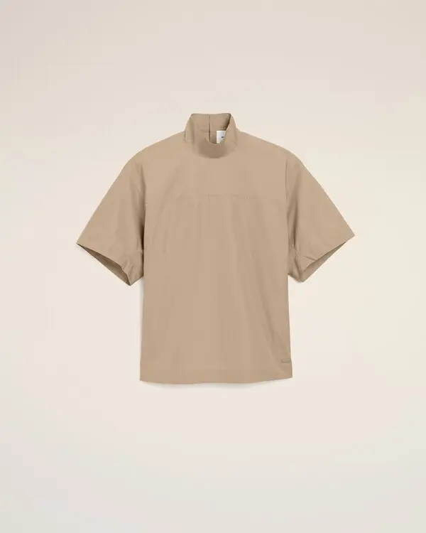 Ami Short Sleeve Cotton Poplin Top - Taupe Beige