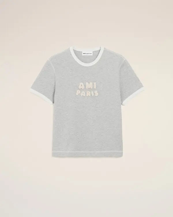 Ami Cotton T-shirt With Crochet Patch - Heather Grey/white Cream