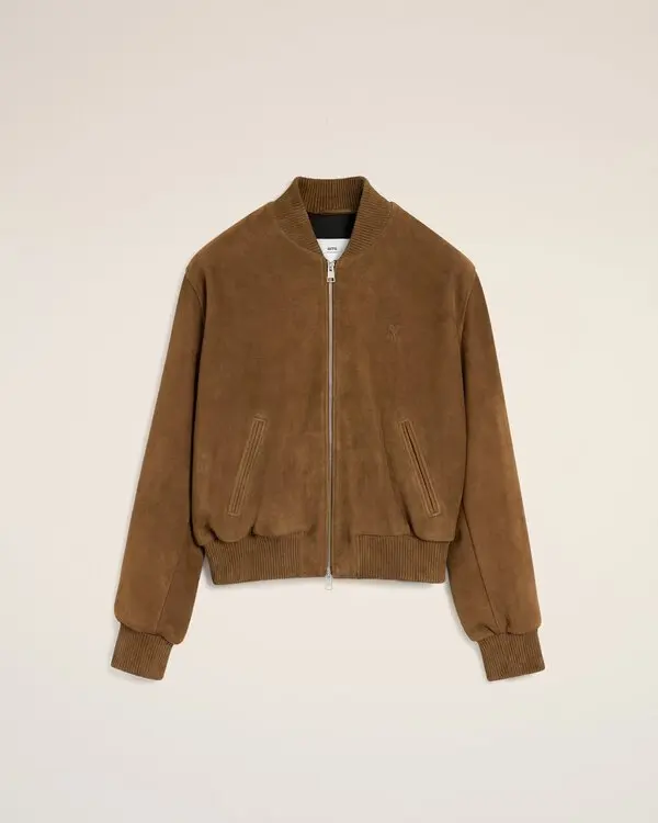 AMI Paris Brown Leather Zipped Jacket - Hazelnut