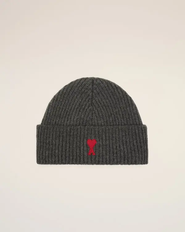 AMI Paris Wool Beanie With De Coeur Patch - Heather Grey/red