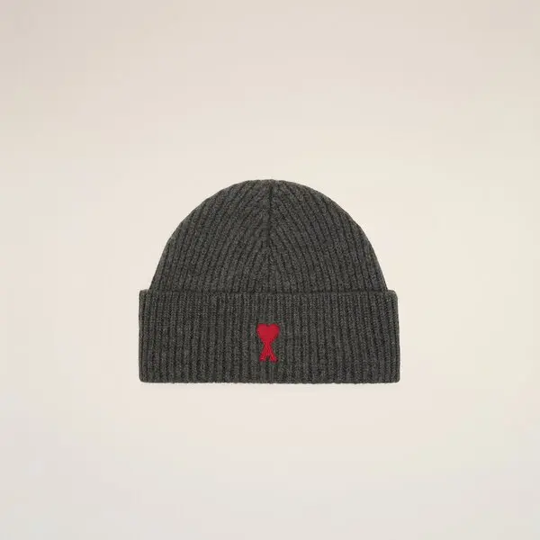 AMI Paris Wool Beanie With De Coeur Patch - Heather Grey/red