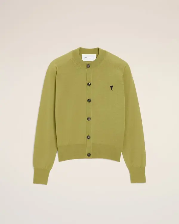 AMI Paris Green Wool Crewneck Cardigan With De Coeur Embroidery - Matcha/black