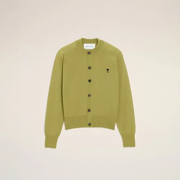 AMI Paris Green Wool Crewneck Cardigan With De Coeur Embroidery